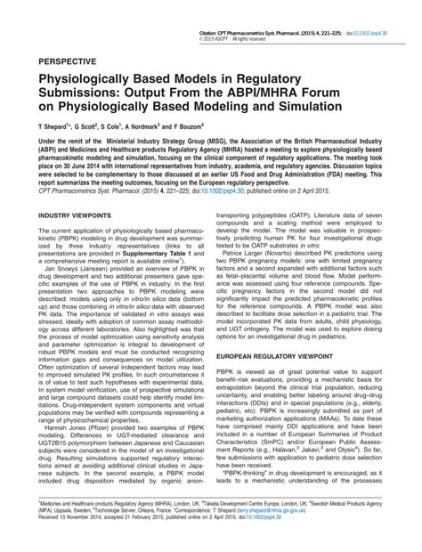Pdf Physiologically Based Models In Regulatory Submissions Output From The Abpi Mhra Forum On