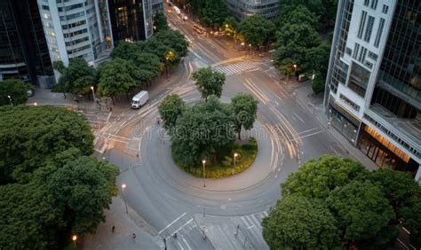 A Circular Intersection In An Urban Setting Is Framed By Lush Greenery