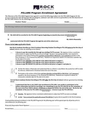 Fillable Online PILLARS Program Enrollment Agreement 2014 2015 Rock