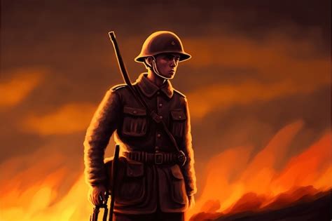 불을 배경으로 총을 들고 뷰어를 바라보는 군인 디지털 아트 스타일 그림 그림 프리미엄 사진