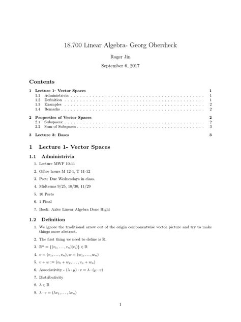 Linear Algebra Notes Pdf Linear Subspace Vector Space