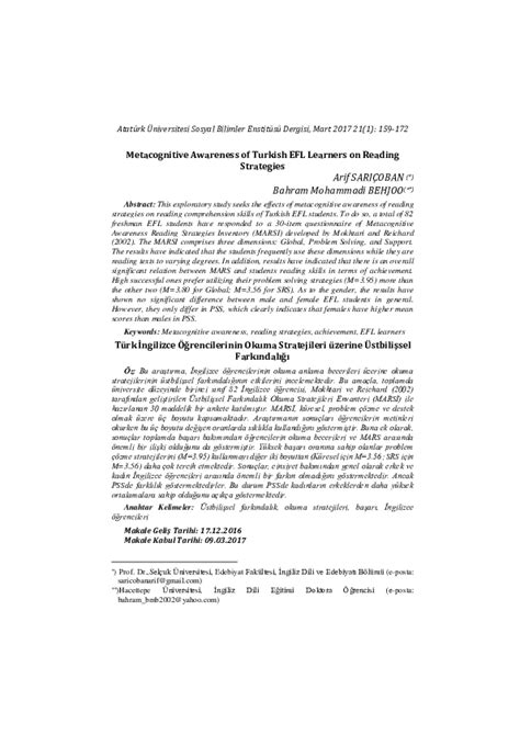 Pdf Metacognitive Awareness Of Turkish Efl Learners On Reading Strategies Türk İngilizce