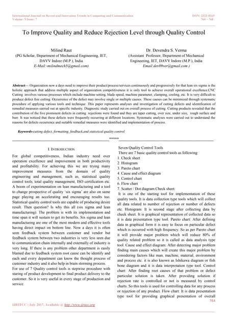To Improve Quality And Reduce Rejection Level Through Quality Control Pdf