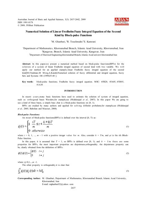 Pdf Numerical Solution Of Linear Fredholm Fuzzy Integral Equation Of