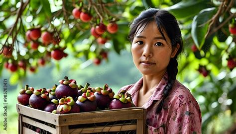 Asian Farmer Woman Harvesting Mangosteen Beneath The Lush Branches Of A