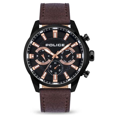 Buy Online Police Black Dial Brown Strap Multifunction Watch For Men