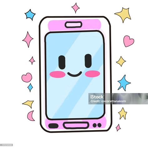 흰색 배경에 분리된 귀여운 분홍색 행복한 스마트폰을 위한 수채화와 그림 아이콘 그림의 디지털 페인팅입니다 사회와 기술 개념