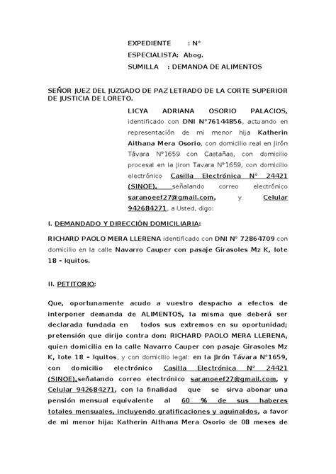 Escrito Demanda Alimentos Expediente N° Especialista Abog Sumilla