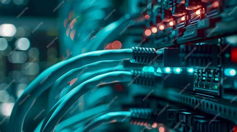 Closeup View Of Computer Network Switch With Ethernet Cables Plugged In Premium Ai Generated Image