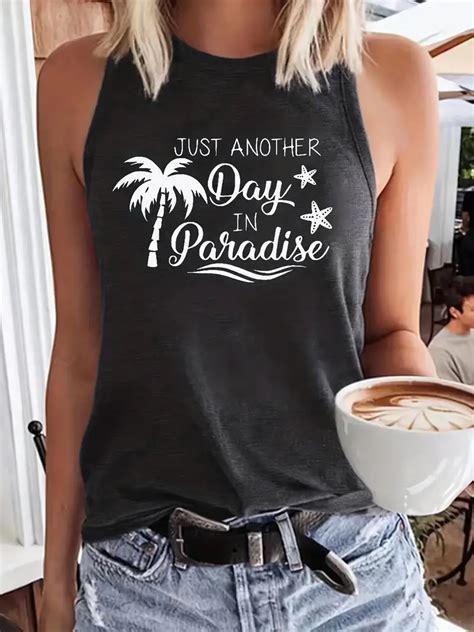 Letter Coconut Tree Print Tank Top Casual Crew Neck Temu Canada