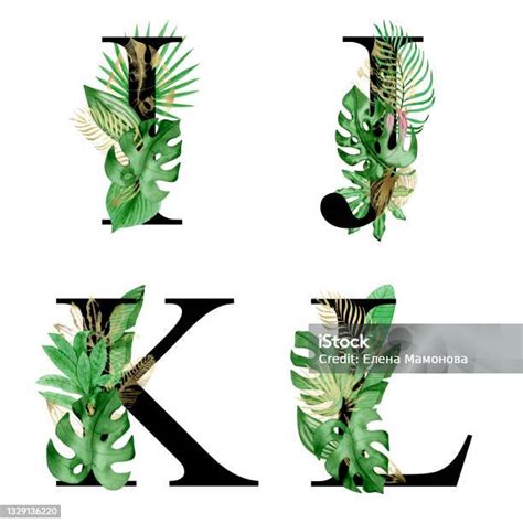 꽃 알파벳 세트 컬렉션 수채화 녹색과 금 열대 잎 몬스터 손바닥 바나나 잎 결혼식 초대장 베이비 샤워 승화 디자인 생일 다른