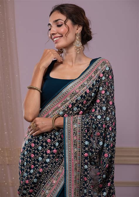 Peacock Blue Threadwork Georgette Saree Koskii