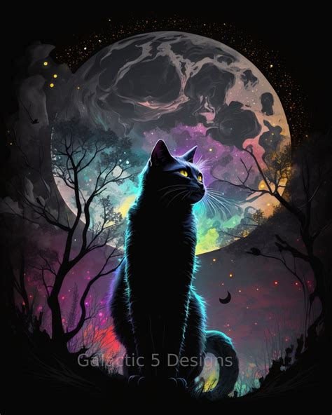 Black Cat Full Moon Digital Art Print Ai Generated Wall Art Ai Art