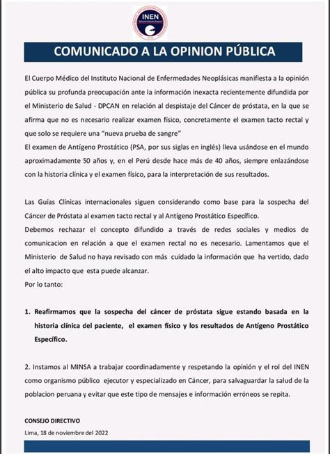Minsa Inen Cuestiona Campa A Sobre Examen De Pr Stata Sin Prueba Del Tacto Rectal Salud