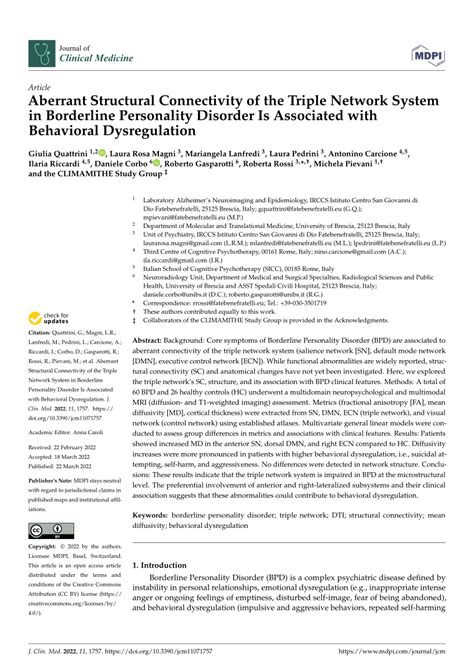 Pdf Aberrant Structural Connectivity Of The Triple Network System In Borderline Personality