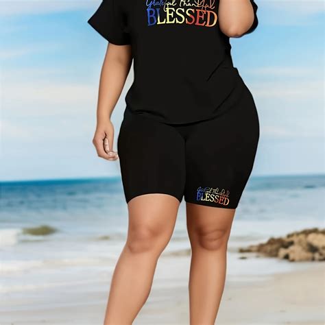 Plus Size Letter Print Two Piece Set Causal Short Sleeve T Shirt And Shorts Womens Plus Size