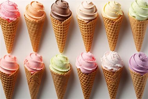 Premium Photo Top View Of Ice Cream Cones Array Of Different Flavors