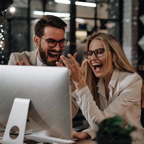 A Man And Woman Are Looking At A Computer Screen Premium Ai Generated Image