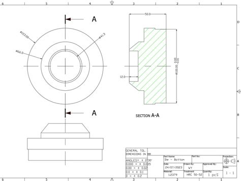 2d Draft Drawing With Complete Dimensions And Tolerances For