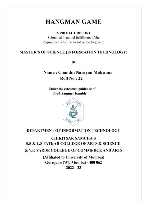 Hangama Game Research Hangman Game A Project Report Submitted In