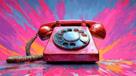 Red Vintage Rotary Dial Telephone Against Colorful Abstract Background