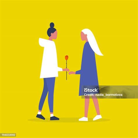 낭만적 인 날짜 세인트 발렌타인 데이 빨간 장미를 들고 젊은 레즈비언 여성의 부부 사랑 플랫 편집 가능한 벡터 일러스트 클립