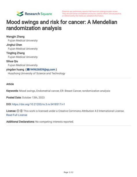 Pdf Mood Swings And Risk For Cancer A Mendelian Randomization Analysis