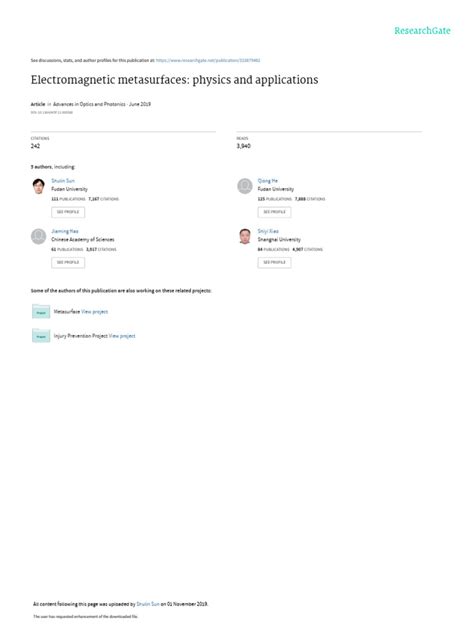 Electromagnetic Metasurfaces Physics And Applications Advances In Optics And Photonics June