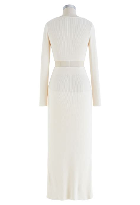 Knitted Crop Top And High Slit Maxi Skirt Set In Ivory Retro Indie