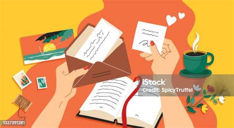 편지를 작성합니다 손을 들고 종이 메일을 열었다 스탬프와 엽서봉투 사람은 인사말 카드를 읽고 커피를 마십니다 대응 제공 벡터