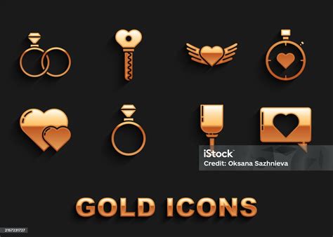 결혼 반지 설정 하트 중앙 스톱워치 좋아요 및 하트 와인 잔 날개 및 키 모양 아이콘 벡터 검은색에 대한 스톡 벡터 아트 및