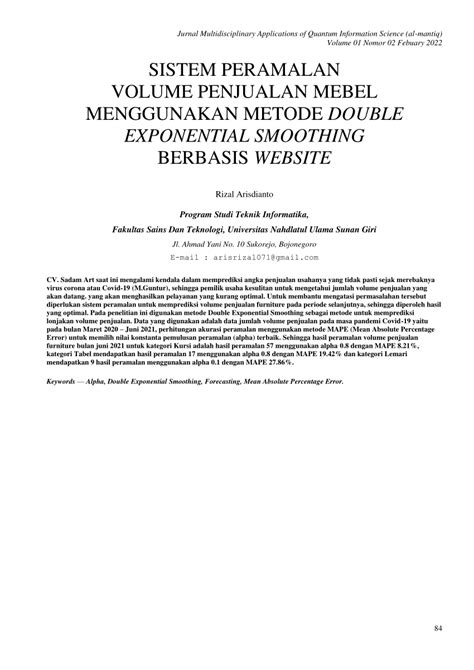 Pdf Sistem Peramalan Volume Penjualan Mebel Menggunakan Metode Double