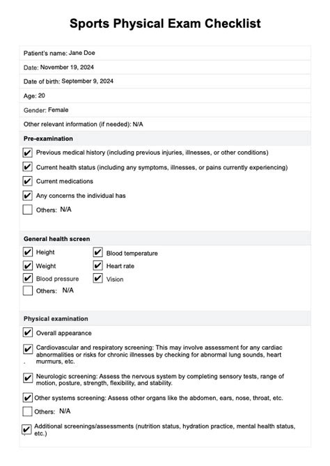 Sports Physical Exam Checklist And Example Free Pdf Download