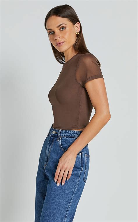 Rhianna Top Short Sleeve Mesh Crop Top In Brown Showpo Usa