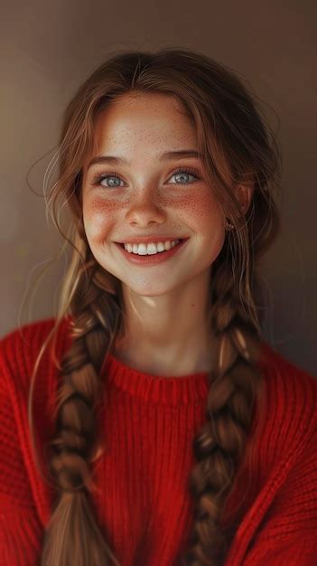 Beautiful Smiling Girl With Long Hair Twintails Blue Eyes Red Sweater Simple Background