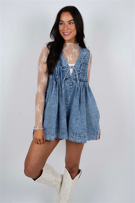 Webster Front Tie Denim Romper Medium Wash Restock Eta 515 In