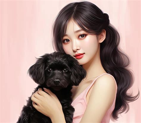 Uma linda mulher de rosa está segurando um cachorrinho preto no estilo