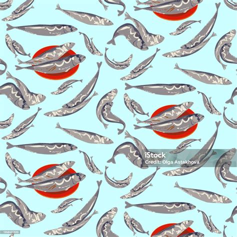 벡터 Eps10 원활한 패턴 에서 물고기 분위기 요리 할 준비가 된 빨간 접시에 고등어 두 개 바다 물에 떠있는 물고기 의 학교 건강한 생활방식에 대한 스톡 벡터 아트 및