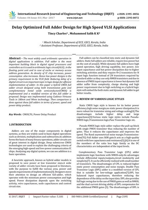 Delay Optimized Full Adder Design For High Speed Vlsi Applications Pdf