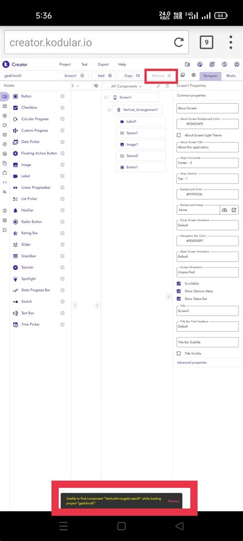 Unable To Find Component Verticalarrangescreen21 While Loading Project Discuss Kodular