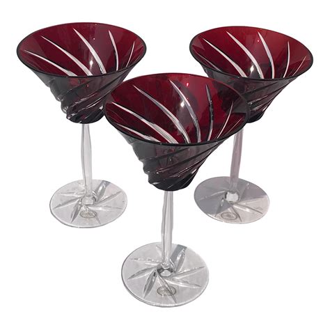 Vintage Red Swirl Hungarian Crystal Martini Glasses By Ajra Set Of 3