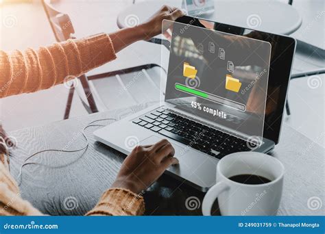Person Hand Using Laptop Computer Waiting For Transfer File Process With Loading Bar Icon On