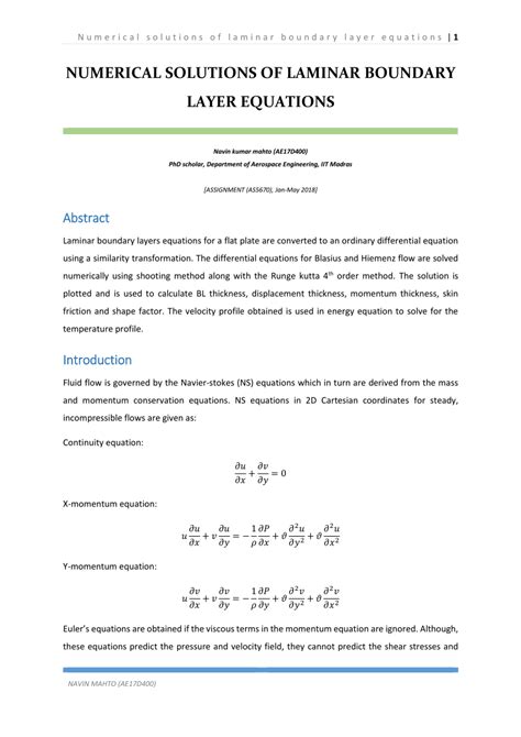 Pdf Numerical Solution Of Laminar Boundary Layer Equations In Matlab
