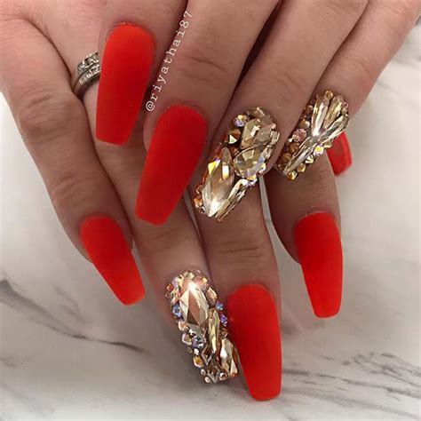 Matte Red And Gold Nails Coffin Red Glitter Coffin Nails For Winter