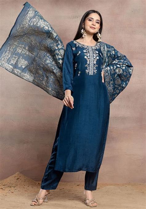 Buy Women Navy Blue Floral Sequin Embellished Kurta Set With Pants And