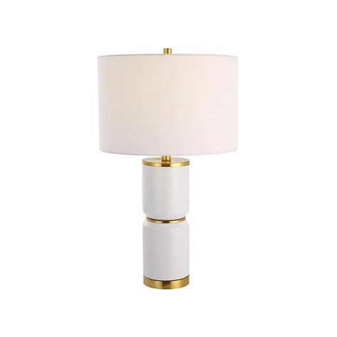 Table Lamp Linen Drum Shade Gold Accent White Ceramic Base 26 Inch