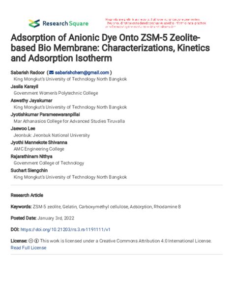 Pdf Adsorption Of Anionic Dye Onto Zsm 5 Zeolite Based Bio Membrane Characterizations