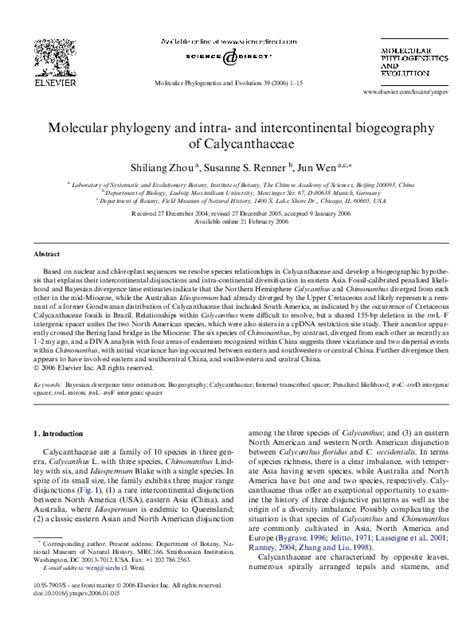 Pdf Molecular Phylogeny And Intra And Intercontinental Biogeography Of Calycanthaceae