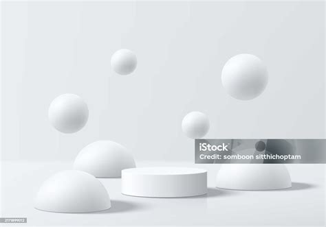 떠 다니는 거품 또는 바운스 볼 장면이 있는 사실적인 흰색 3d 원통형 연단 배경 미니멀리스트 모형 받침대 추상 제품 디스플레이 프레젠테이션 무대 쇼케이스 플랫폼 벡터