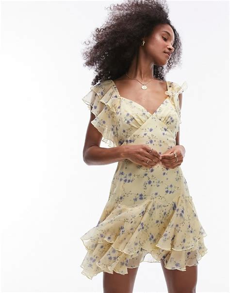 Topshop Flutter Sleeve Mini Tea Dress In Yellow Ditsy Floral Print